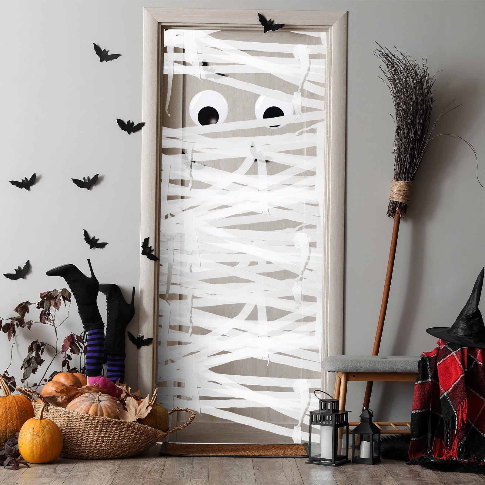 WinnerWhy Halloween Mummy Decorating Kit with Large Googly Eyes Crepe Paper Streamers and Masking Tape for Halloween Party Door DIY Decor