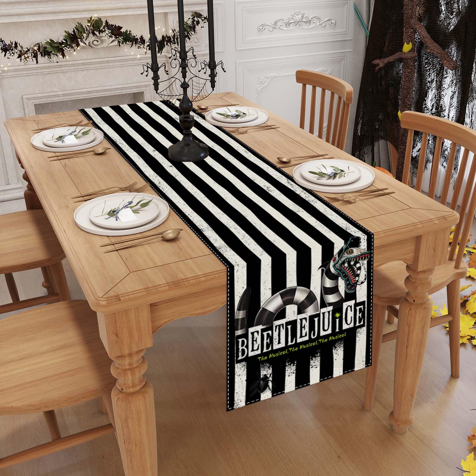 Linen Black and White Stripe Beetlejuice Halloween Table Runner 72 Inches Long Scary Halloween Birthday Party Decorations and Supplies for Home Kitchen Dining Room Table