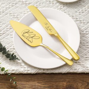 Zhamate Personalized Cake Knife and Server Set, Cake Cutting Set for Wedding, Custom Stainless Steel Personalized Cake Cutter for Wedding, Anniversary, Birthday Gift(Gold)