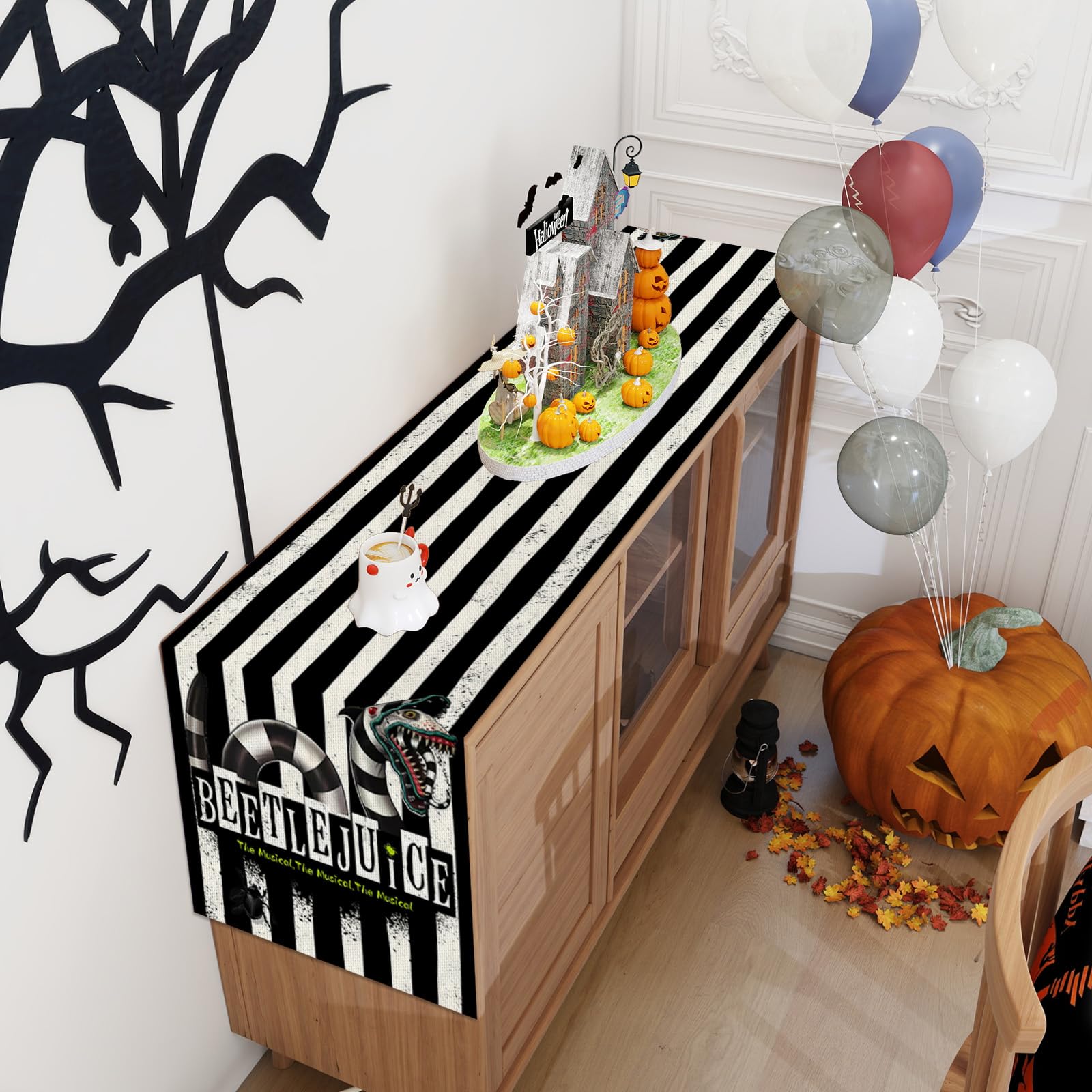 Linen Black and White Stripe Beetlejuice Halloween Table Runner 72 Inches Long Scary Halloween Birthday Party Decorations and Supplies for Home Kitchen Dining Room Table