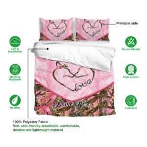 OhaPrints Personalized Hunting Duvet Cover, Deer Couple Heart Pink Camo Pattern Bedding Set & Pillowcases, Custom Name Soft Lightweight Twin Full Queen King Comforter Cover Bed Set