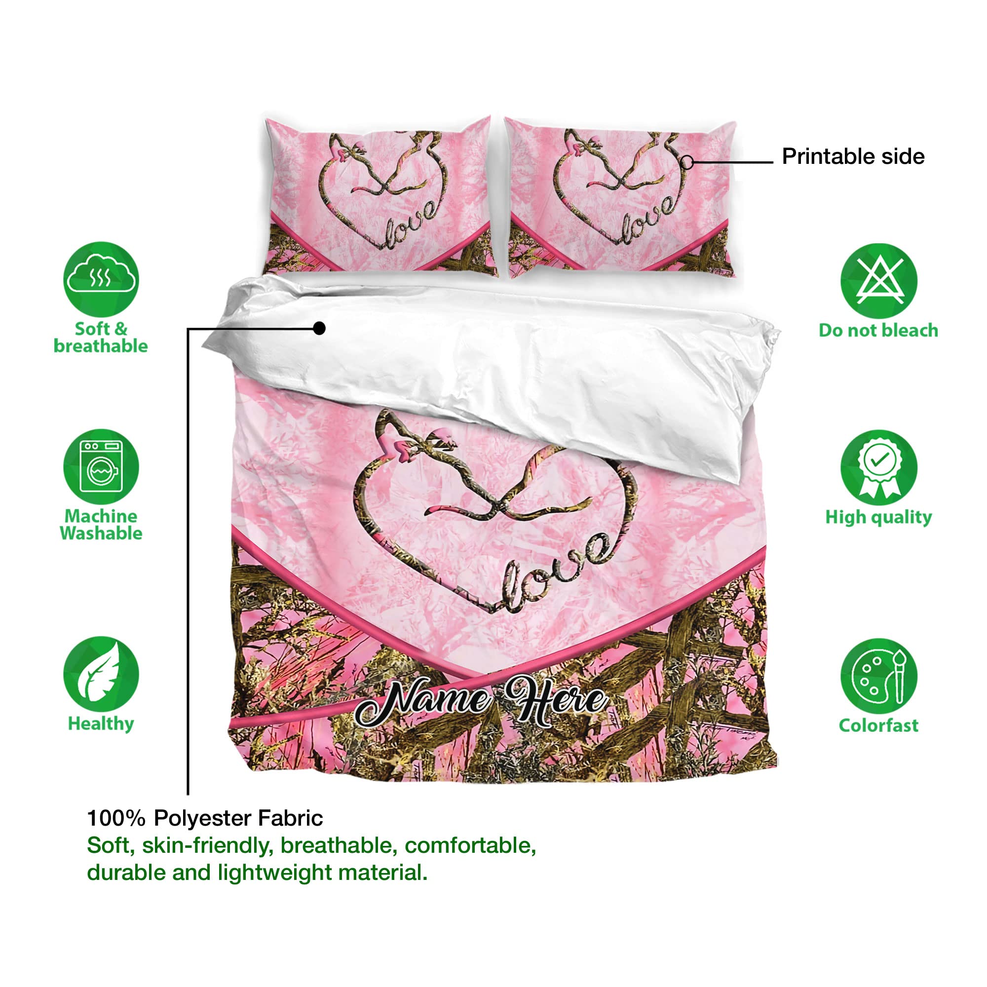 OhaPrints Personalized Hunting Duvet Cover, Deer Couple Heart Pink Camo Pattern Bedding Set & Pillowcases, Custom Name Soft Lightweight Twin Full Queen King Comforter Cover Bed Set