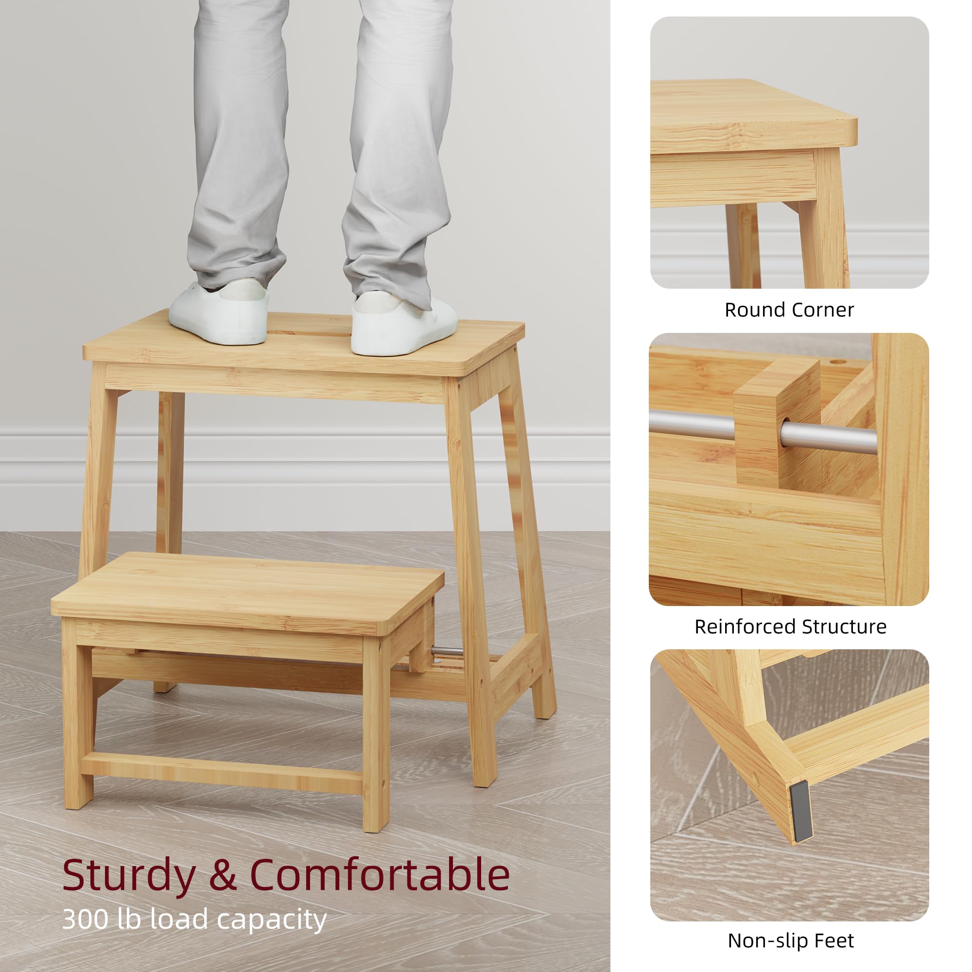 BEKVEM Bamboo Folding Step Stool with Sturdy Structure and Wide Stepping Surface for Safety, Multi-Purpose Foldable Step Stool, Step Ladder for Bathroom,Bedroom,Kitchen Step Stools for Adults 350 lbs