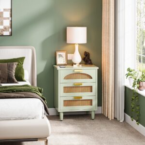 Tribesigns Mint Green Nightstand, 3-Drawer Rattan Night Stand Side Table, Accent Bedside Tables End Table for Bedroom and Small Spaces, Easy Assembly (1, Green)