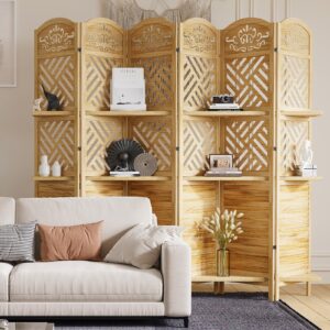 room divider with shelves, 5.75ft tall folding wood carved screen with double hinges for home office bedroom hotel decoration (6 panels, natural)