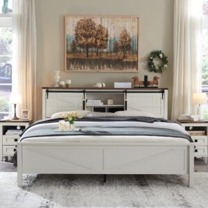 RedLemon Farmhouse Queen Size Bed Frame with Bookcase Headboard, Sliding Barn Door, Storage Cabinet, Charging Station, Wood Slats Support, No Box Spring Needed, Antique White