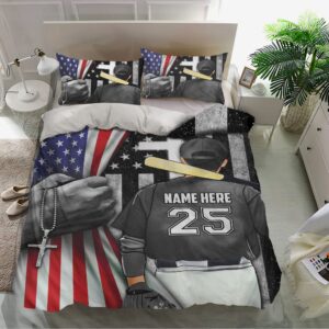 ohaprints personalized baseball duvet cover, baseball player christian american flag cross bedding set & pillowcases custom name & number soft lightweight twin full queen king comforter cover bed set