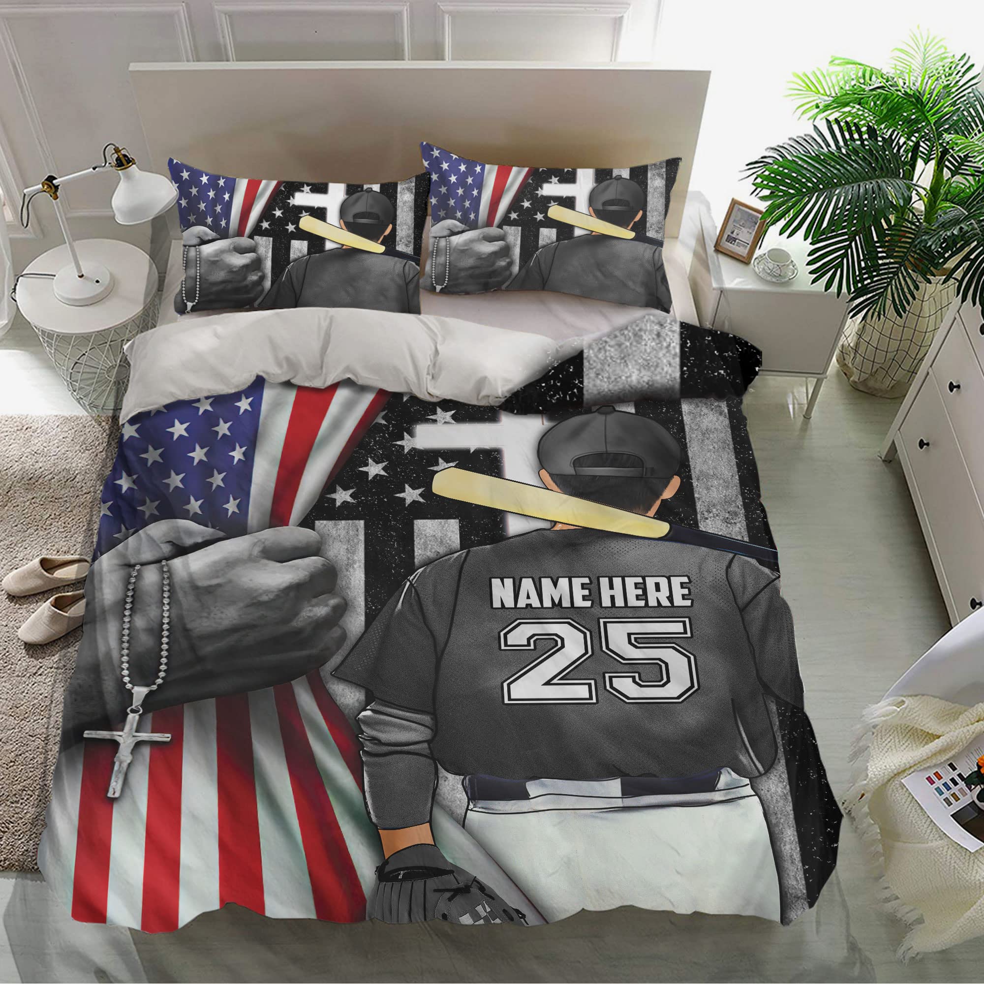 OhaPrints Personalized Baseball Duvet Cover, Baseball Player Christian American Flag Cross Bedding Set & Pillowcases Custom Name & Number Soft Lightweight Twin Full Queen King Comforter Cover Bed Set