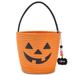 mellbay halloween basket, halloween trick or treat pumpkin candy bucket, woven personalized small halloween baskets with name tag pumpkin & white pen for kids gift basket