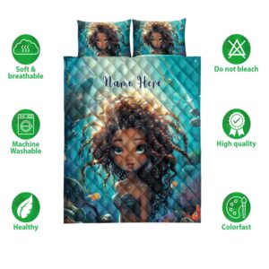 OhaPrints Personalized Black Teen Girl Quilt Bed Set, African American Mermaid Melanin Quilt Blanket & Pillowcases - King Queen Double Twin Throw Bedspread Bedding & Pillow Cover, Gift Afro Daughter