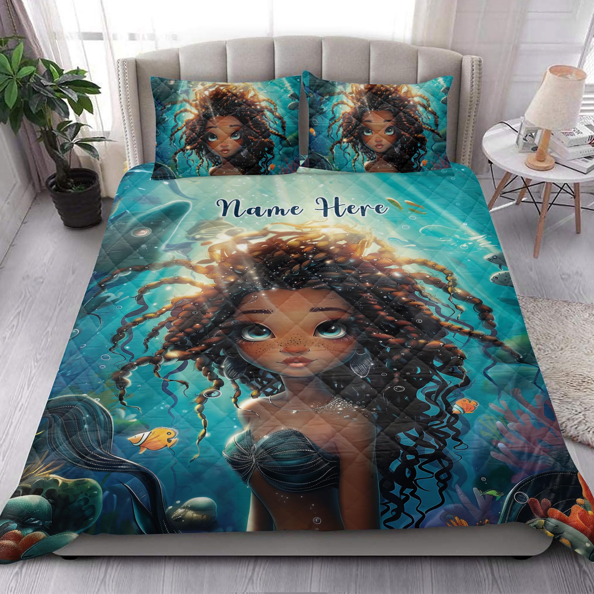 OhaPrints Personalized Black Teen Girl Quilt Bed Set, African American Mermaid Melanin Quilt Blanket & Pillowcases - King Queen Double Twin Throw Bedspread Bedding & Pillow Cover, Gift Afro Daughter