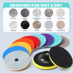 Blosssound 20 Pcs 4 Inch Diamond Polishing Pads with 5/8''-11 Backer Pad and Drill Bit Adapter Wet Dry Polish Pad Kit Granite Polishing Kit 30-10000 Grit Pads for Granite Marble Stone Polishing