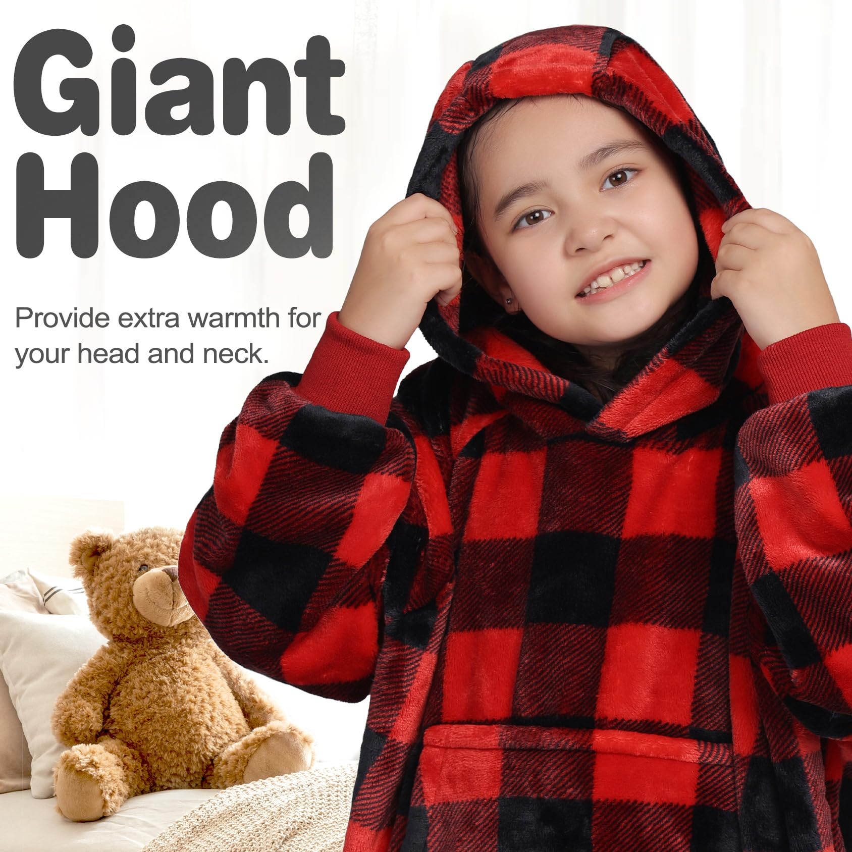 Waitu Wearable Blanket for Kids, Wearable Blanket Hoodie Gifts for Teens Girls and Boys, Warm Blanket Sweatshirt for Teenage, Hoodie Blanket with Sleeves - Red and Black Plaid