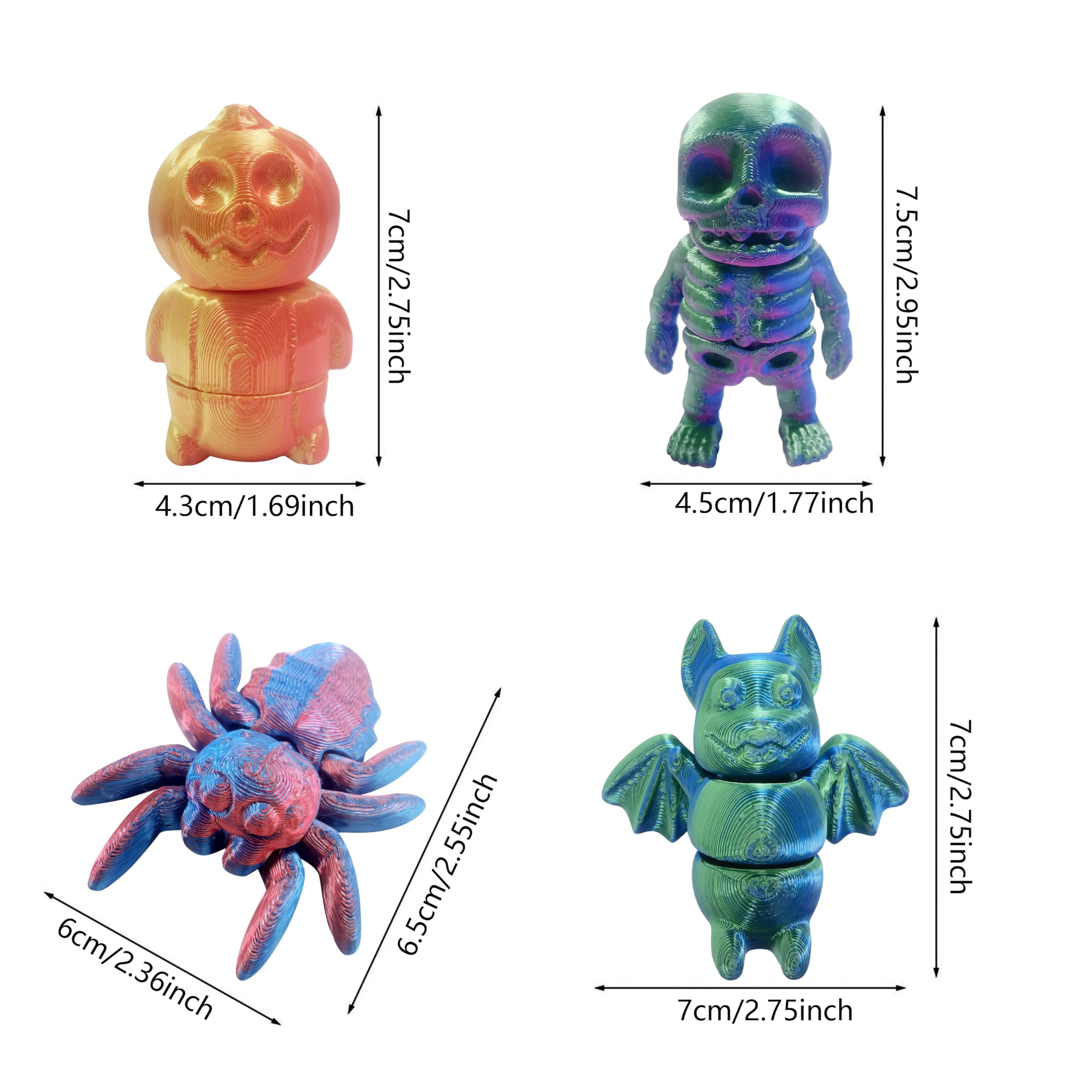 Cherislpy 4Pcs 3D Printed Pumpkin, Bat, Spider,Skeleton Man Statue Fidget Toys for Halloween Decor, Halloween Decorations for Craft Haunted House Accessories Party Favors