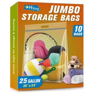 hibag 25 gallon jumbo storage bags, 35” x 24” resealable clear bags with handle, extra large xl heavy duty for clothes pillow travel moving, pack of 10