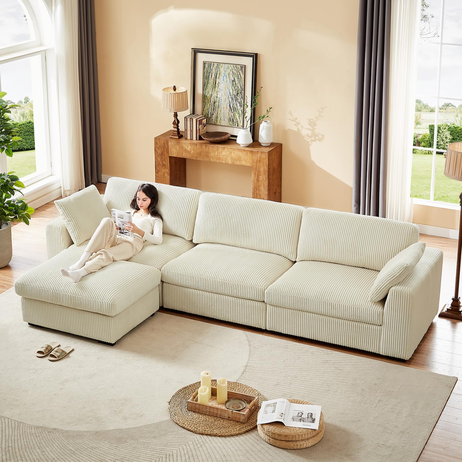 HOLYFIND Oversized Sectional Sofa,L Shaped Couch for Living Room,Modern Corduroy Modular Sofa,Deep 4 Seat Sofa Sleeper with Moveable Ottoman and Two Pillows (L Shape Sofa/Beige)