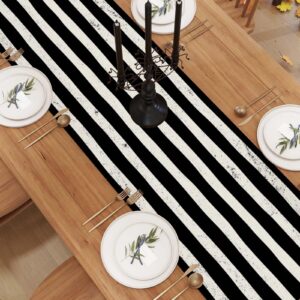 Linen Black and White Stripe Beetlejuice Halloween Table Runner 72 Inches Long Scary Halloween Birthday Party Decorations and Supplies for Home Kitchen Dining Room Table