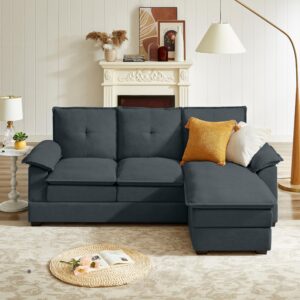 chireca 82" convertible sectional sofa, l-shaped comfy cloud couch with reversible chaise and padded armrests, modern polyester 3 seat sofa couches for living room (dark grey)