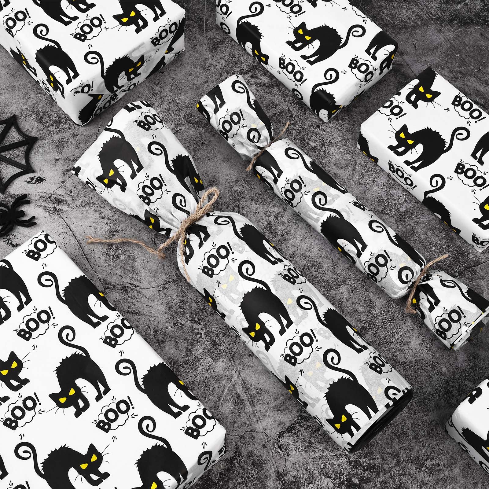 100 Sheets 20 * 14 Inches Halloween Tissue Paper for Gift Wrapping Black Cat Boo Pattern Decorative Tissue Paper for Halloween Party Trick or Treat Party DIY Craft