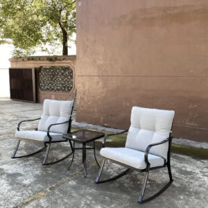 CHARMMA 2pcs Patio Rocking Chairs with Steel Frame and Soft Cushions,Rocker Set Chair and Teapoy,Outdoor Rocking Chair with Armrest for Lawn,Backyard,Porch Garden Bistro Set Off White