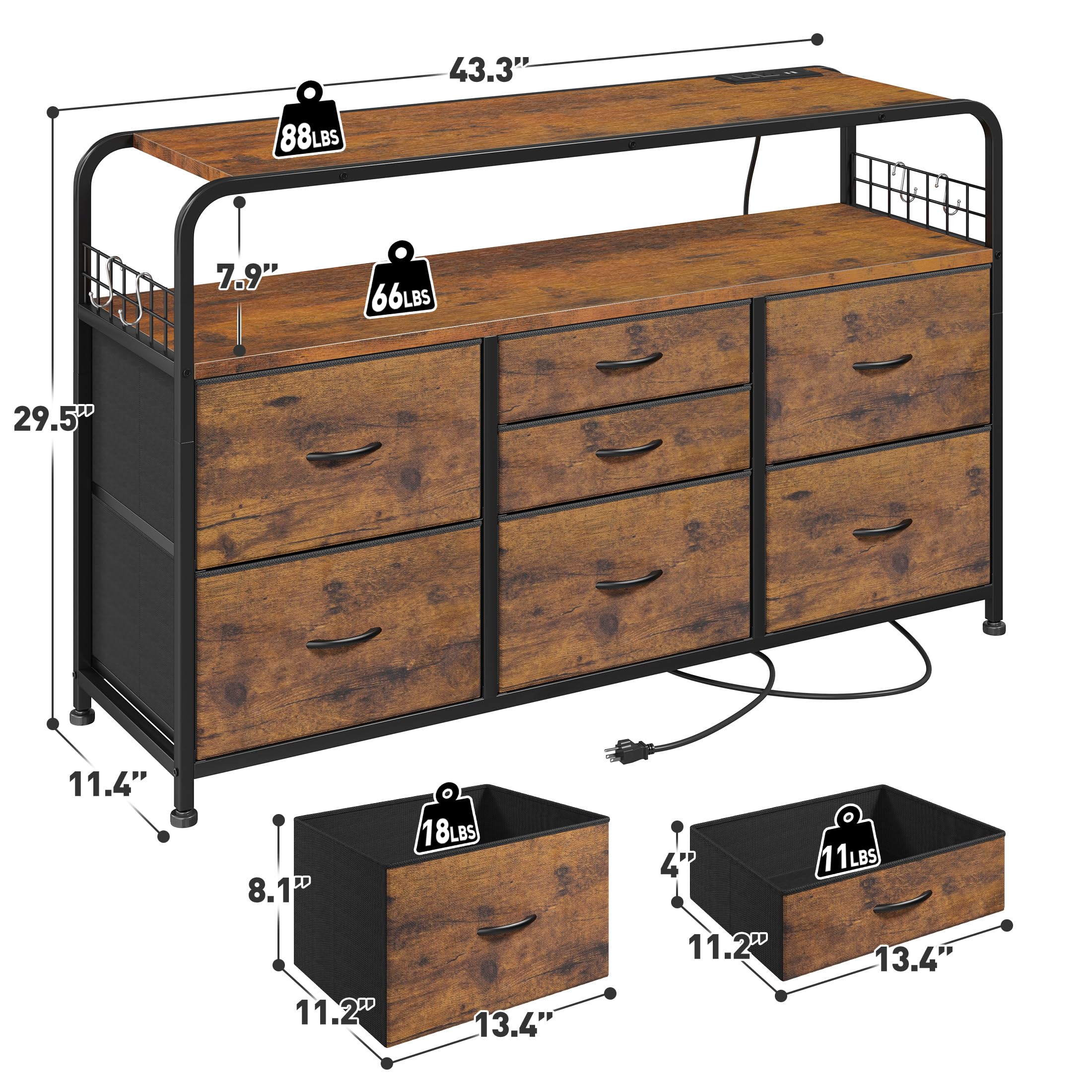 EnHomee Dresser for Bedroom with LED Lights & Charging Station, 7 Drawer Dresser with Open Shelf, Fabric Bedroom Dressers & Chest of Drawers for Closet, Entryway, Hallway, 4 Hooks, Rustic Brown