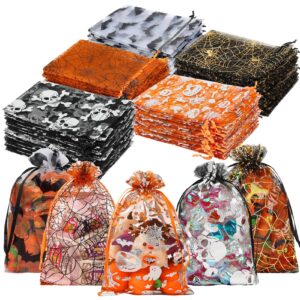 joindo 100 pcs halloween treat bags for candy, 4x6 drawstring organza goodie bags, small gift bags for party favor (pumpkin, spider web, skull, bat)