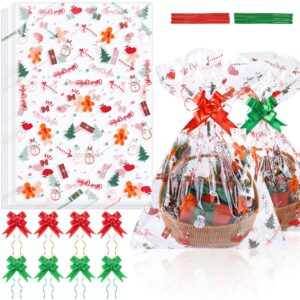 mimind 12 pieces christmas large basket bags clear cellophane bags 20 x 28 inch red green basket bags clear thickened gift cookie bags with red green twist ties, bows ribbon for christmas gift baskets