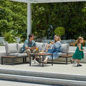 NATURAL EXPRESSIONS Patio Furniture Sets, L Shape Patio Sectional Metal Outdoor Sectional Corner Sofa Outdoor Couch with Detachable Backrest,3 Fuaxwood Tables,5” Grey Olefin Cushions