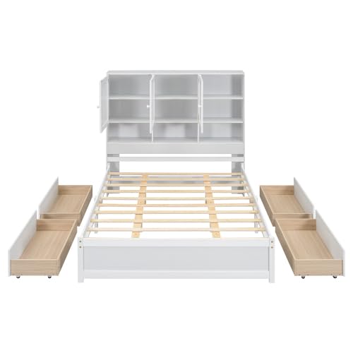 GM Ultra Queen Size Bed Frame with Storage Headboard, Bed Frame Queen Size with 4 Storage Drawers Cabinet, Platform Bed Frame Queen Size with Cabinet, No Box Spring Needed, Easy Assembly, White