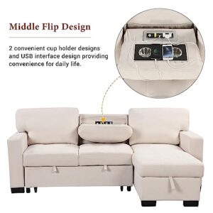 L-Shaped Pull Out Sleep Sofabed,Modern Reversible Sleeper Sectional Sofa Chenille Upholstered Tufted Sofa&Couch with Storage Chaise, Drop-Down Table, Cup Holders, Charging Ports,Power Sockets, Racks