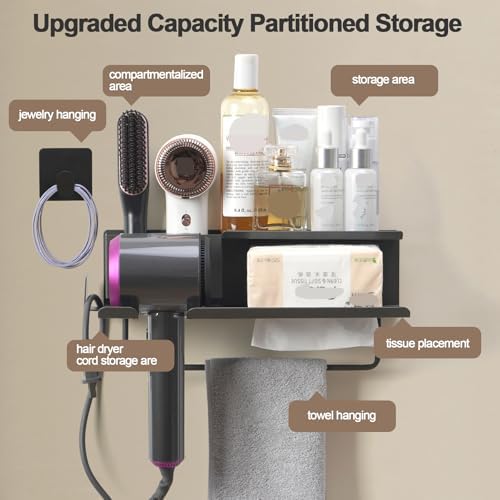 Hair Dryer Holder Hair Tool Organizer Wall Mount, 6 in 1 Adhesive Blow Dryer Holder, Bathroom Organizer for Hair Dryer,Towel, Tissue, Straighteners, Hair Dryer Stand for Home Hotel Barbershop