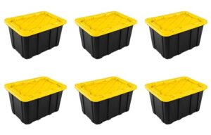 sterilite 27 gal industrial tote, stackable storage bin with snap-fit lid for garage, basement & attic storage, black base and yellow lily lid, 6-pack