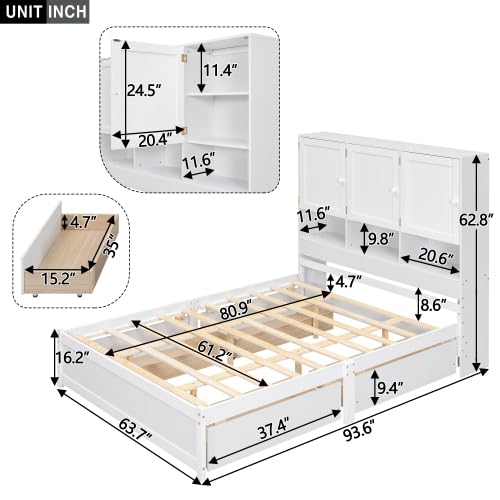 GM Ultra Queen Size Bed Frame with Storage Headboard, Bed Frame Queen Size with 4 Storage Drawers Cabinet, Platform Bed Frame Queen Size with Cabinet, No Box Spring Needed, Easy Assembly, White