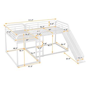 LostCat Bunk Bed,Full and Twin Size L-Shaped Bunk Bed with Slide and Short Ladder,Metal Bunk Bed Frame,Easy Assembly,No Box Spring Needed,Bunk Beds for Teens(White)