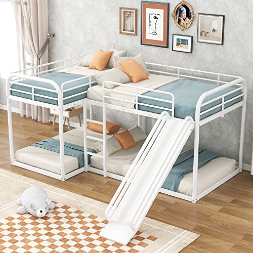 LostCat Bunk Bed,Full and Twin Size L-Shaped Bunk Bed with Slide and Short Ladder,Metal Bunk Bed Frame,Easy Assembly,No Box Spring Needed,Bunk Beds for Teens(White)