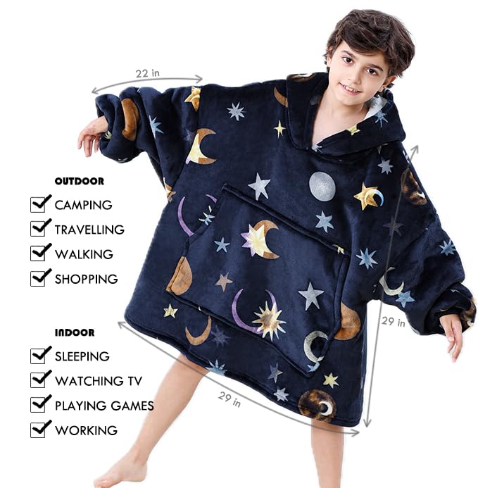 Dreamique Oversized Wearable Blanket for Kids, Sherpa Fleece Hoodie Blanket, Warm Winter Hooded Sweatshirt for Boys and Girls, Soft TV Blanket, Gifts for Kids (4-13 Years), Universe