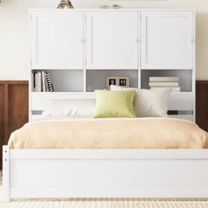 GM Ultra Queen Size Bed Frame with Storage Headboard, Bed Frame Queen Size with 4 Storage Drawers Cabinet, Platform Bed Frame Queen Size with Cabinet, No Box Spring Needed, Easy Assembly, White