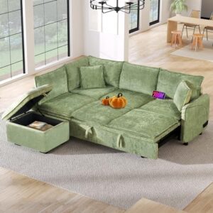 fanye l-shaped corner chenille upholstered sleeper sectional sofa practical convertible sleep sofabed w/pull out sleep couch bed, storage ottoman and usb charge ports for living room