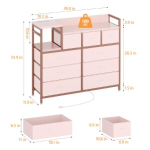 GarveeHome Dresser for Bedroom with 9 Drawer, Tv Stand with Charging Station, Fabric Chest of Drawers for Bedroom Dresser for Modern Design, Pink