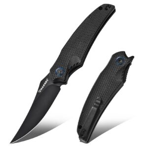 harnds pocket folding knife, front flipper knife with d2 steel blade and g10 handle, premium edc knife with pocket clip for outdoor fishing survival (black-black titanium)