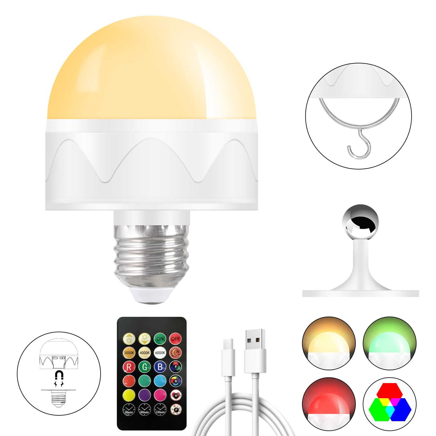 MXhme Rechargeable Light Bulbs with Remote Control No Wiring Required, Battery Operated Light Bulb Timer,Magnetic 360°,310lm,3 Color Temperature RGB Colors Dimmable,40 Watt Equivalent,1P