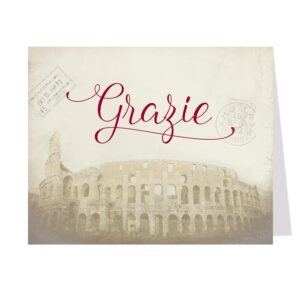 the invite lady grazie thank you cards bridal wedding shower colosseum rome italy italian passport stamps honeymoon travel adventure awaits that's amore brown vintage (24 count)