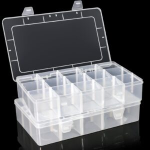 rinrda 2 pack large 15 girds clear plastic organizer box - container with adjustable dividers for bead,jewelry,craft,fishin,small parts