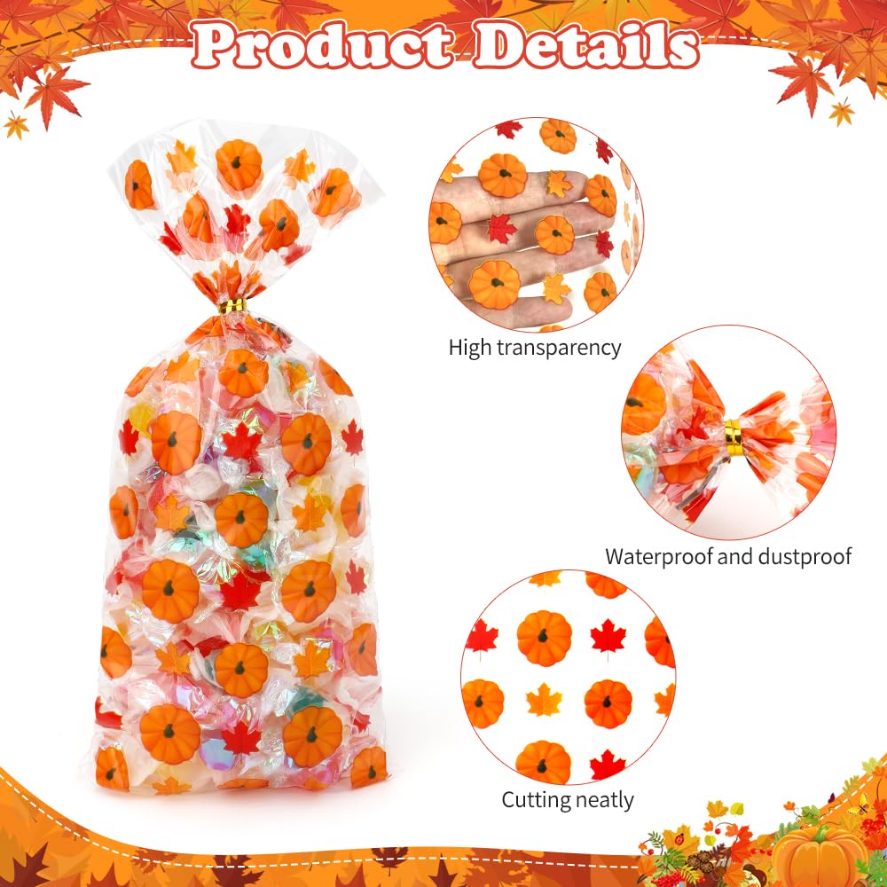 STPIYFZU Thanksgiving Treat Bags, 50 Pcs Fall Cellophane Treat Bags, Pumpkin Maple Leaf turkeys Candy Goodie Treat Bags with Twist Tie for Thanksgiving Fall Autumn Theme Party Favor Bag (4 Styles)