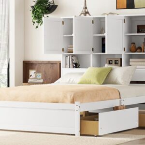 GM Ultra Queen Size Bed Frame with Storage Headboard, Bed Frame Queen Size with 4 Storage Drawers Cabinet, Platform Bed Frame Queen Size with Cabinet, No Box Spring Needed, Easy Assembly, White