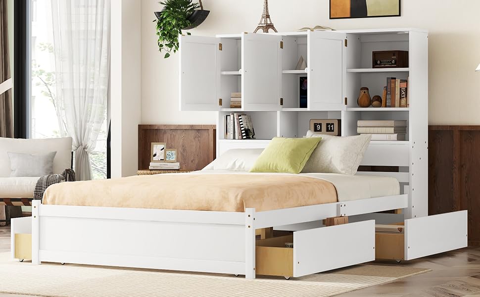 GM Ultra Queen Size Bed Frame with Storage Headboard, Bed Frame Queen Size with 4 Storage Drawers Cabinet, Platform Bed Frame Queen Size with Cabinet, No Box Spring Needed, Easy Assembly, White