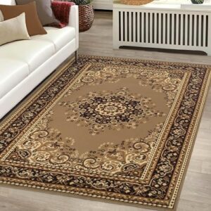 superior indoor large area rug with jute backing, floor decor for bedroom, farmhouse, kitchen, office, living room, woven rugs, elegant medallion border, leopold collection, 5' x 8', beige brown