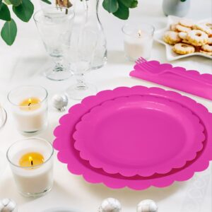 MUNILAIL 96 Pcs Hot Pink Plates and Napkins Party Supplies Serve 24 Guests Including Hot Pink Scalloped Paper Plates and Napkins Plastic Forks for Baby Shower Birthday Party Disposable Dinnerware Set