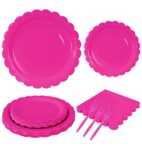 munilail 96 pcs hot pink plates and napkins party supplies serve 24 guests including hot pink scalloped paper plates and napkins plastic forks for baby shower birthday party disposable dinnerware set