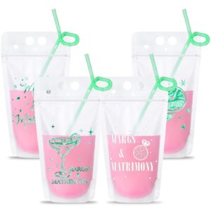 qilery 24 pack margs and matrimony bachelorette party drink pouches with straws, margarita drink bags handheld reclosable zipper drink pouch cups for bridesmaid favor wedding and bridal showers